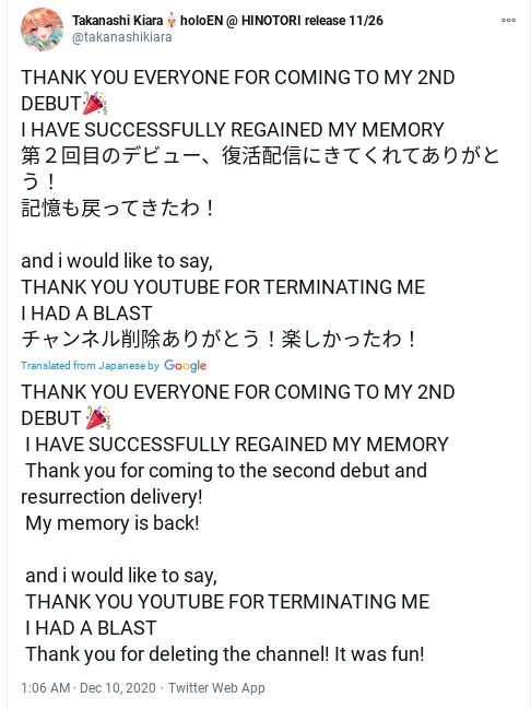 Welcome back, Kiara. Hopefully Youtube-kun doesn't terminate you again. | Scrolller