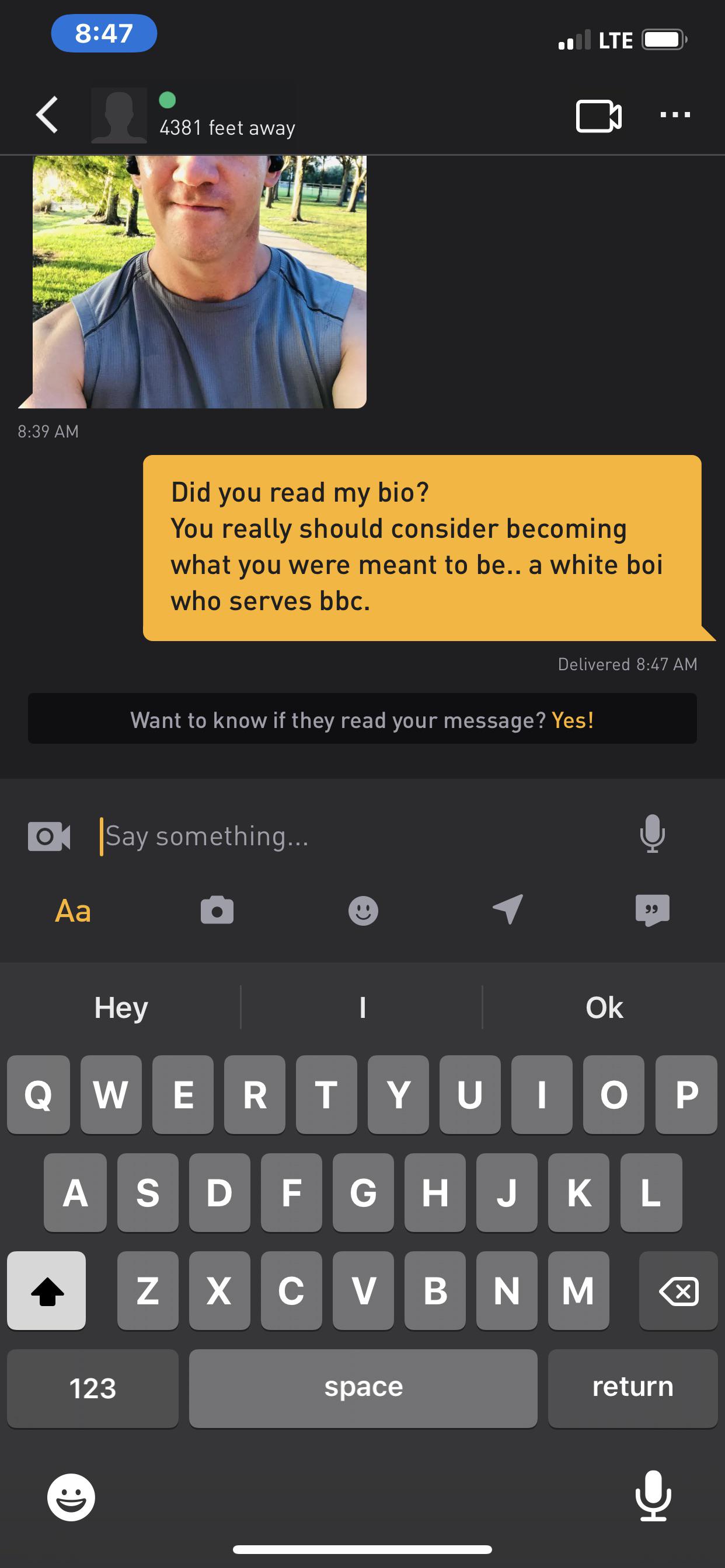 When white dudes hit me up.... There’s no other response that feel right. #Purpose #SLUT4BBC ...