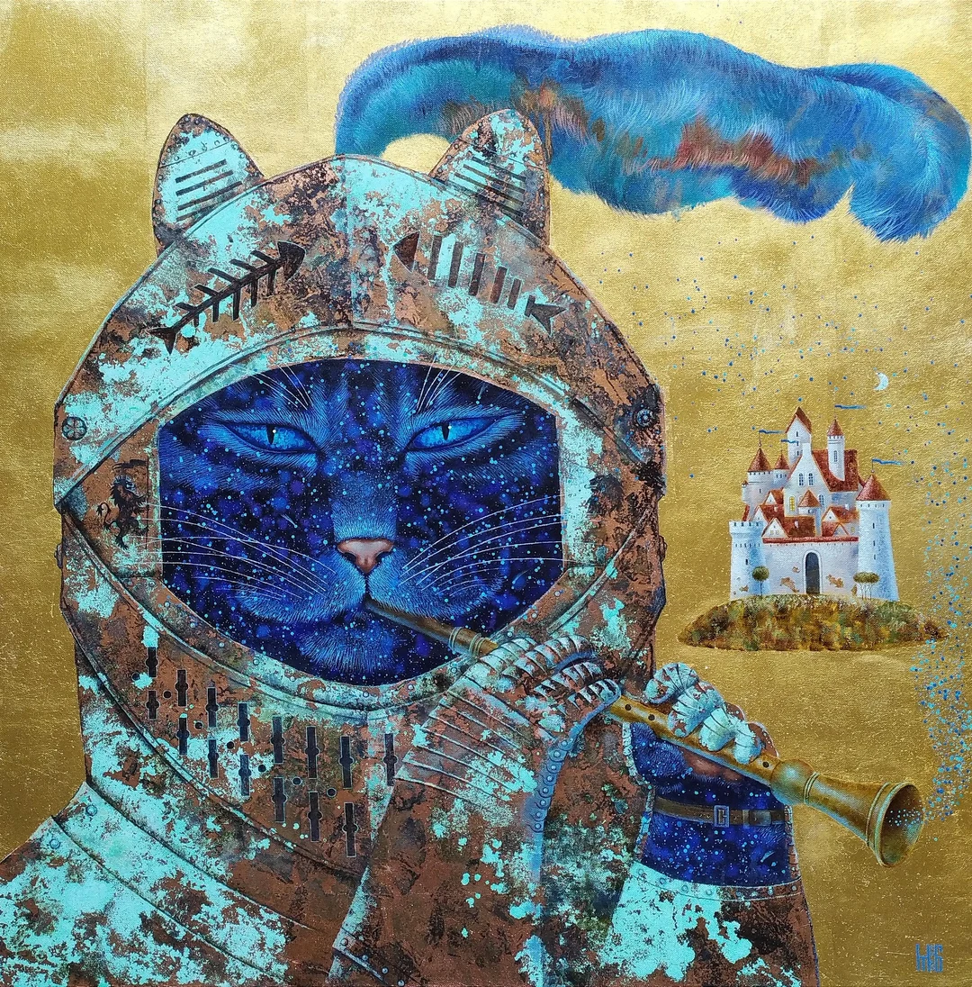 Music of the stars, Marina Boris me), oil on canvas, gold leaf, copper leaf & patina, 2023 ...