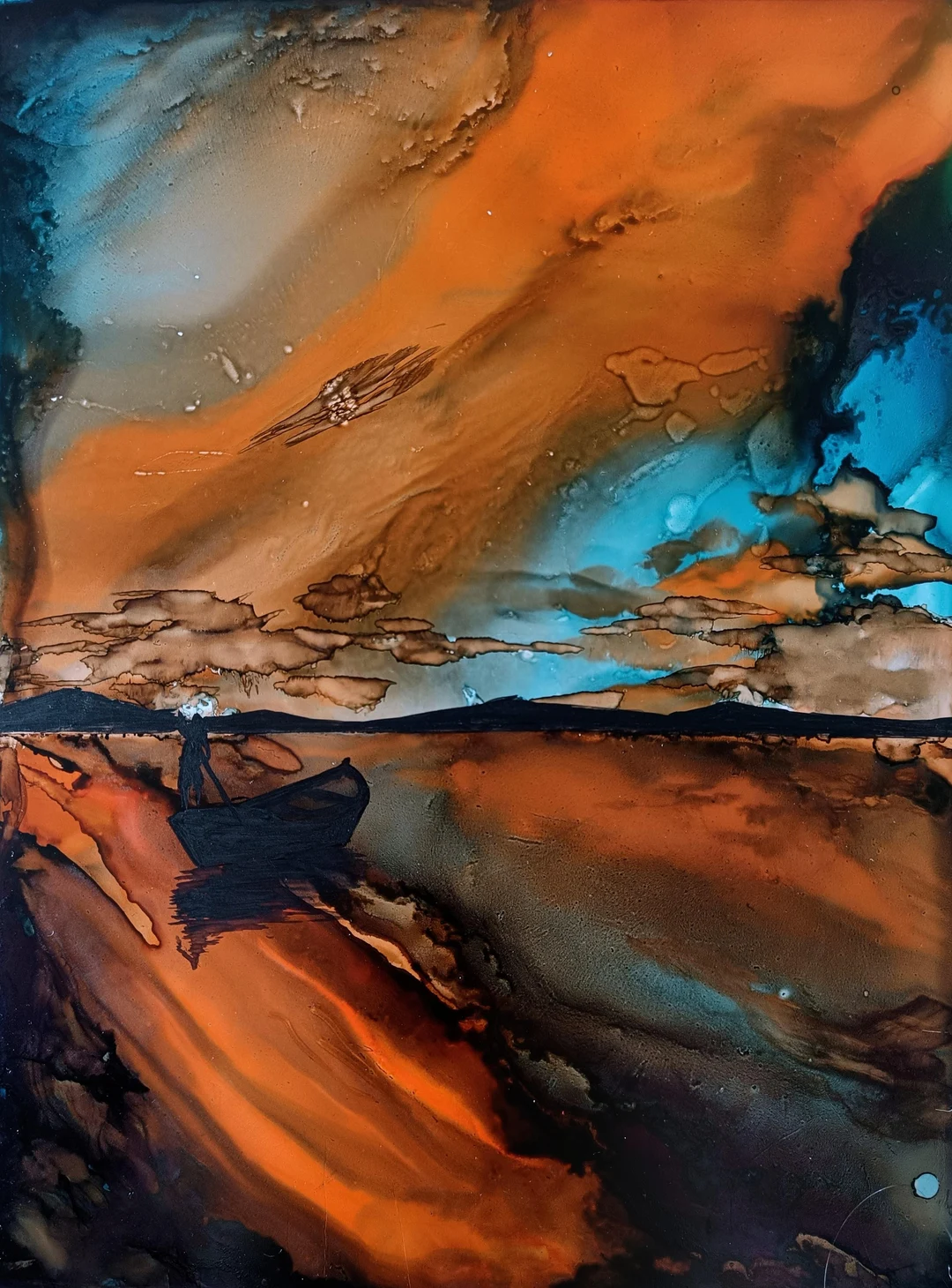 dramatic sea sunset and a boat ...inks on paper | Scrolller