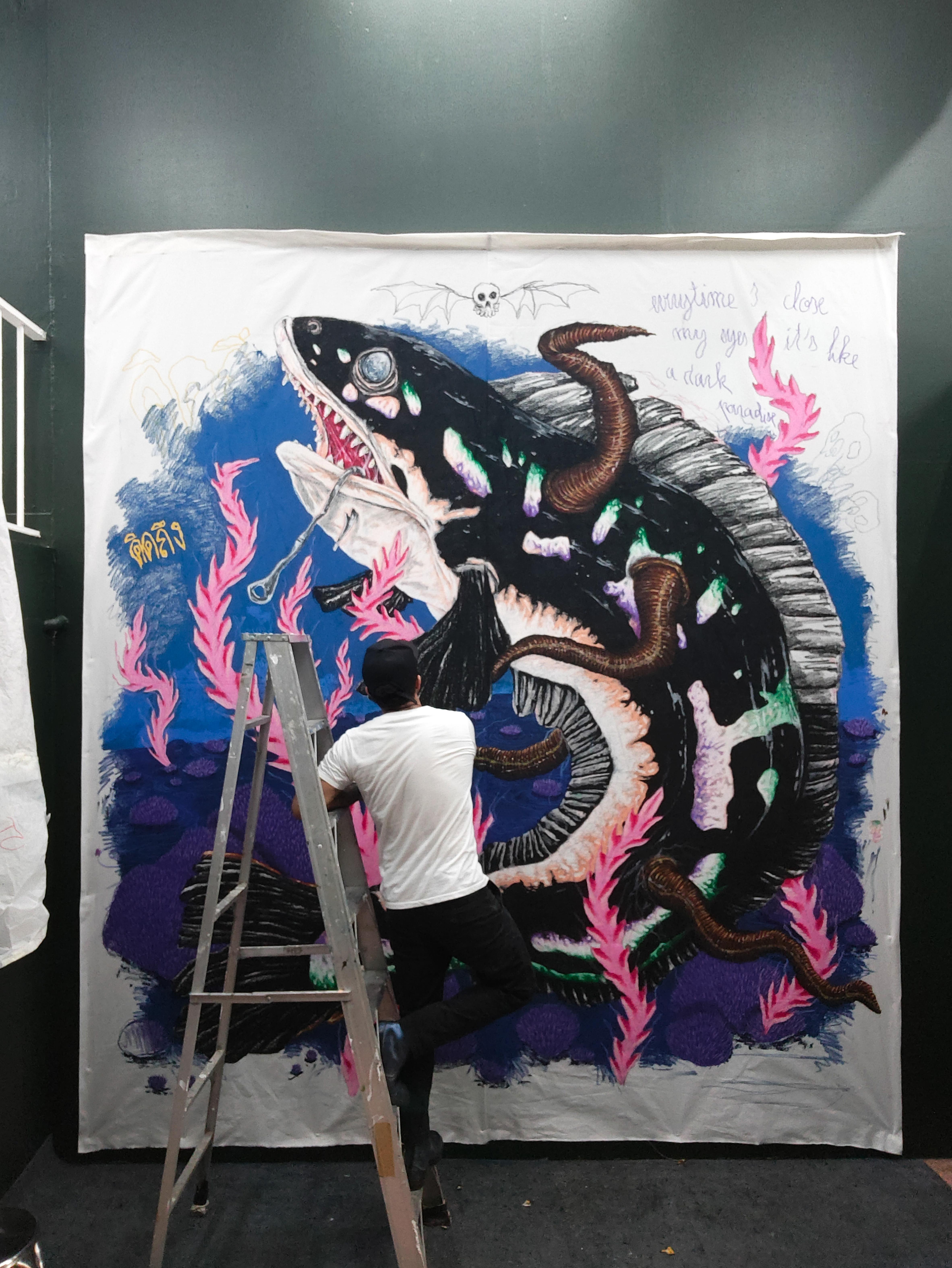 Giant Snakehead fish and leeches / Oil pastel on canvas 2022 | Scrolller