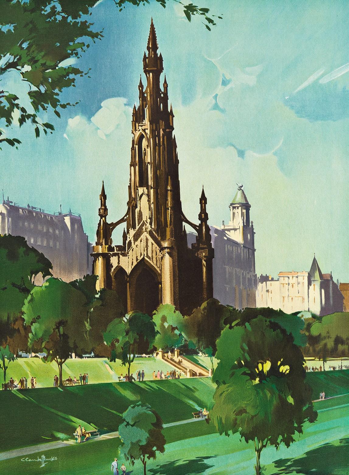 Edinburgh travel poster (The Scot Monument) by Claude Henry Buckle, c. 1950s | Scrolller