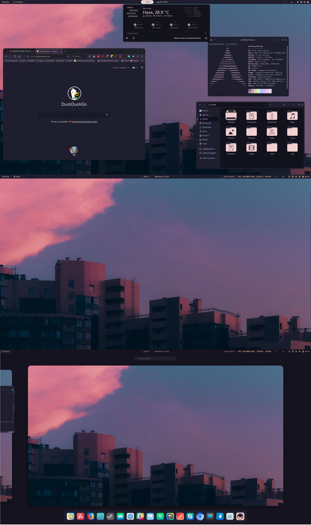 [GNOME] arch with catpuccin mocha theme | Scrolller