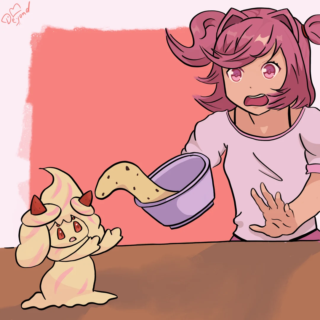 Since I'm addicted to DDLC and Pokemon I decided to draw them both! Here's Natsuki and Alcremie ...