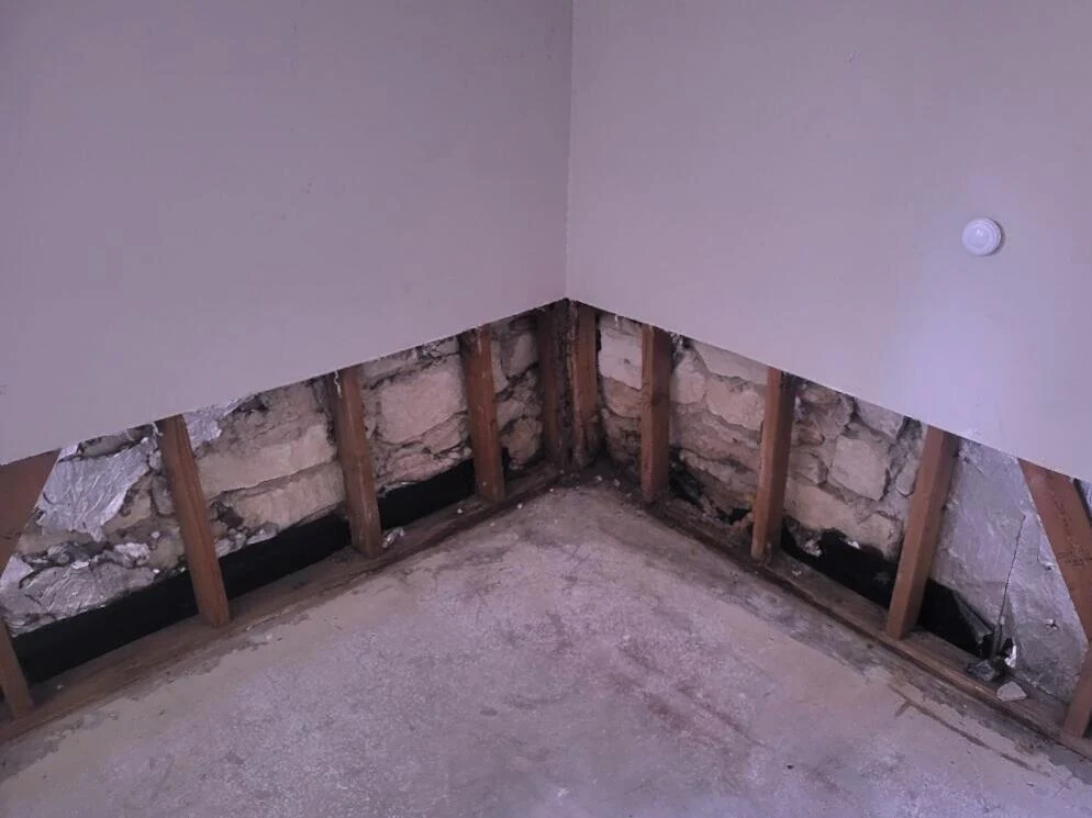 Post-flood restoration unveiled no vapor barrier between the stone wall exterior and the studs ...