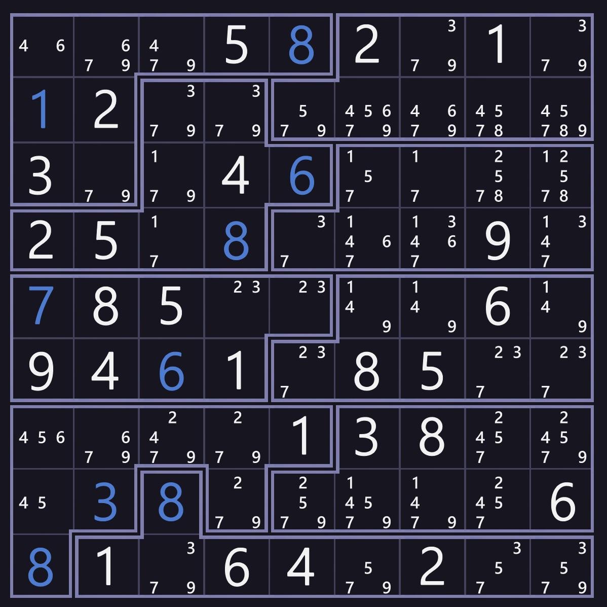 Irregular sudoku—I can’t find any basic logic to move forward. What am I missing or what ...