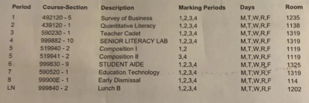 Senior year schedule.... I didn't fill out an application for student aide. Especially not for ...