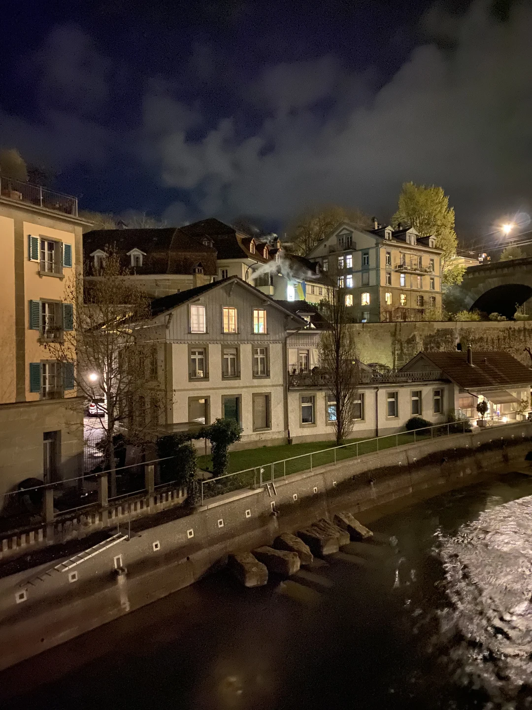 Houses along the Aare River at Night, Berne Switzerland | Scrolller