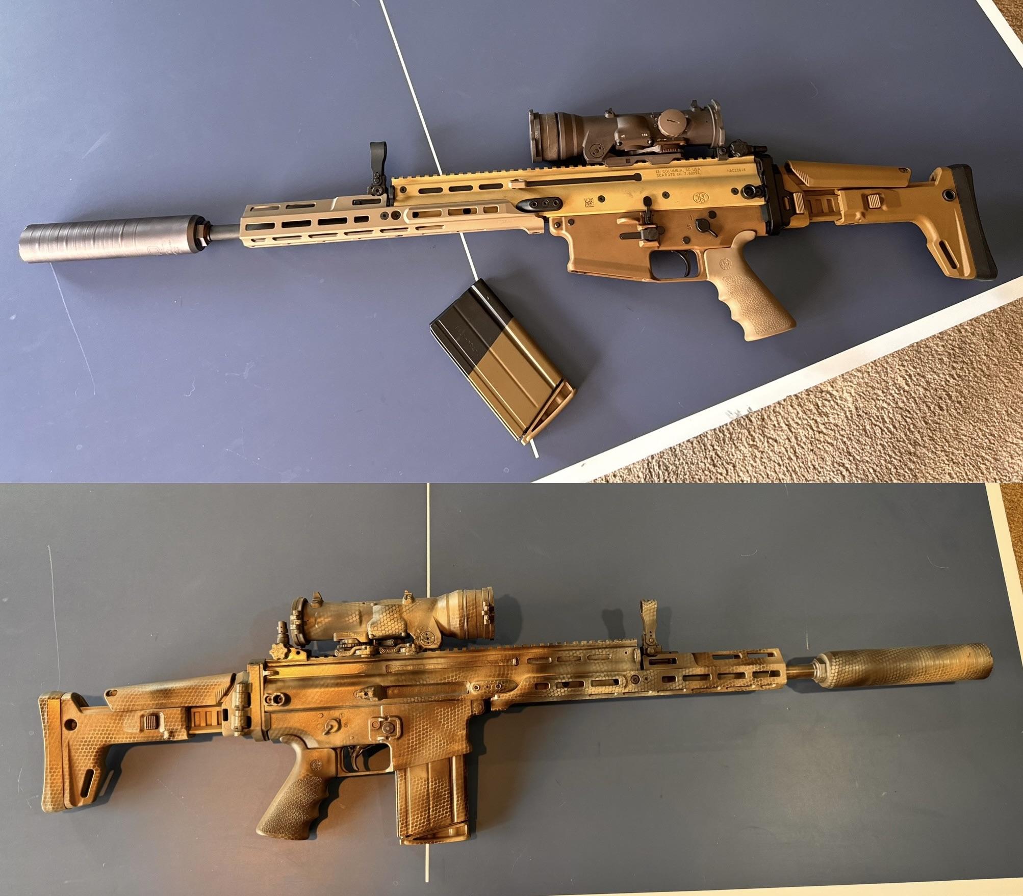 Sprayed the suppressed SCAR 17s. Also set up with ELCAN Specter 1.5x6 optic and other goodies ...