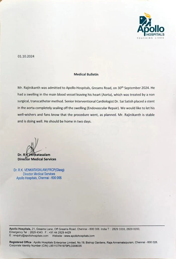 Official statement from Apollo Hospitals about Thalaivar’s procedure ...