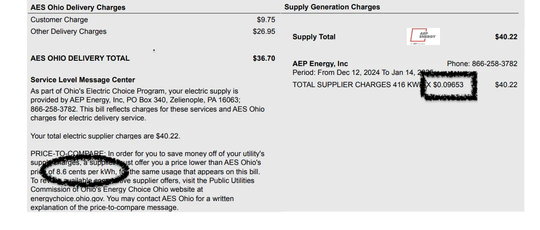 I don't understand why AES' PRICE-TO-COMPARE rate is different from the TOTAL SUPPLIER CHARGES ...