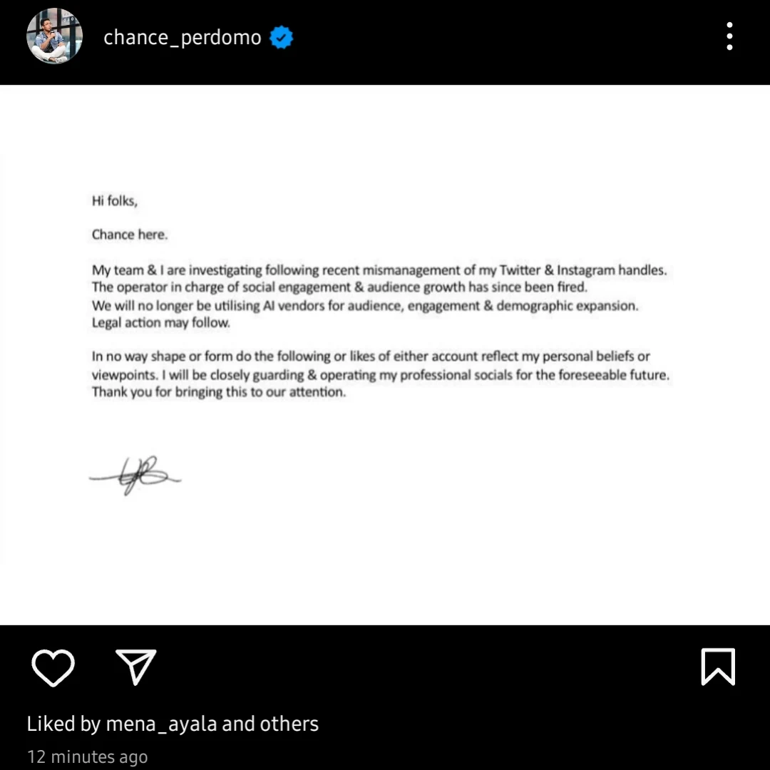 Chance Perdomo's statement on IG about his recent following list Scandal..... AI Vendors ...