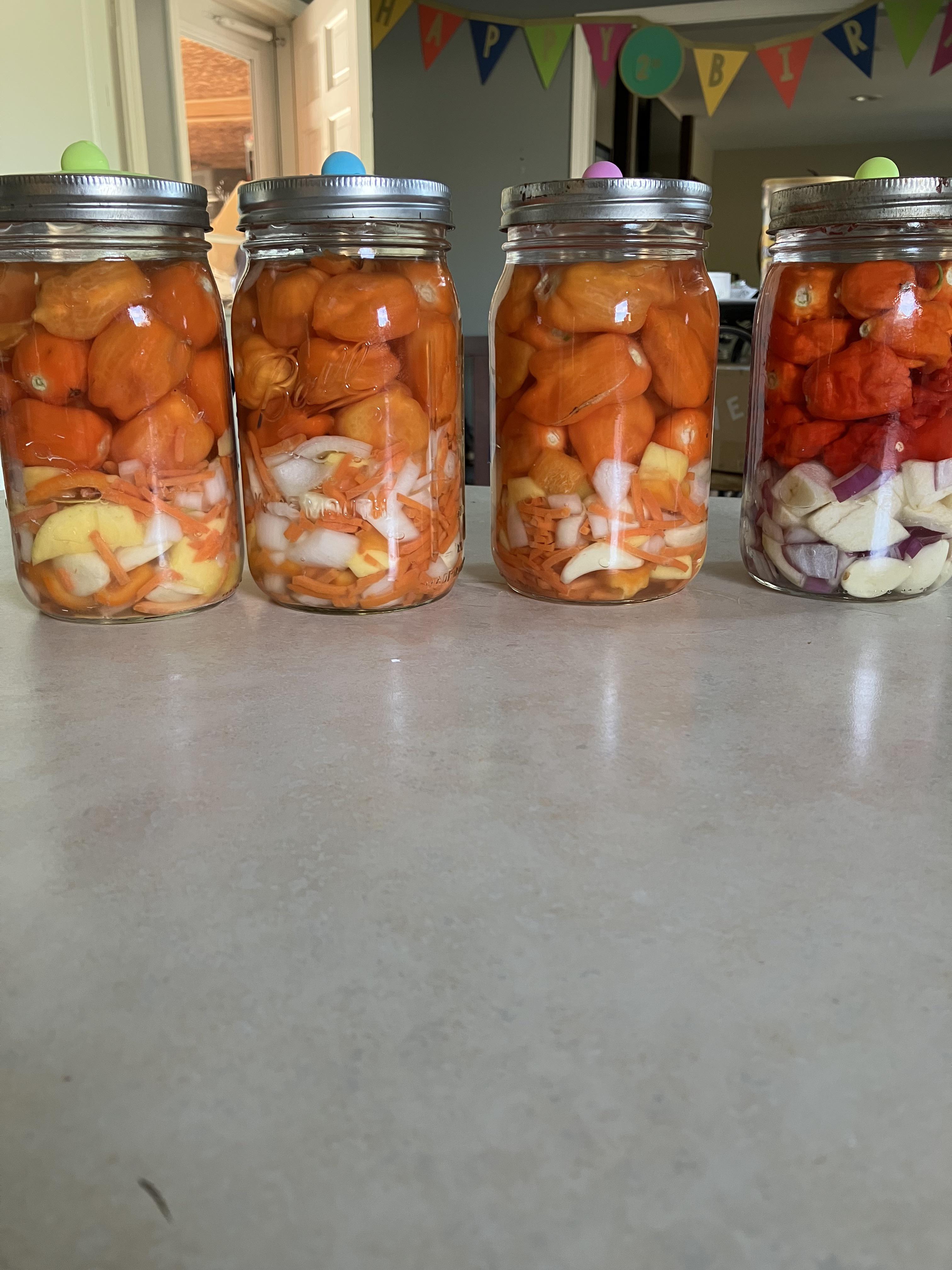 Fermented hot sauces. Habanero- mango - carrot, Trinidad scorpion - apple - bell pepper ...