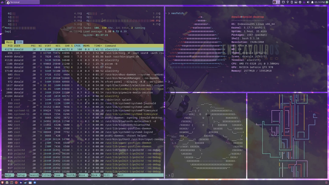 [xfce/i3] hybrid on EndevourOS with the dracula theme. | Scrolller