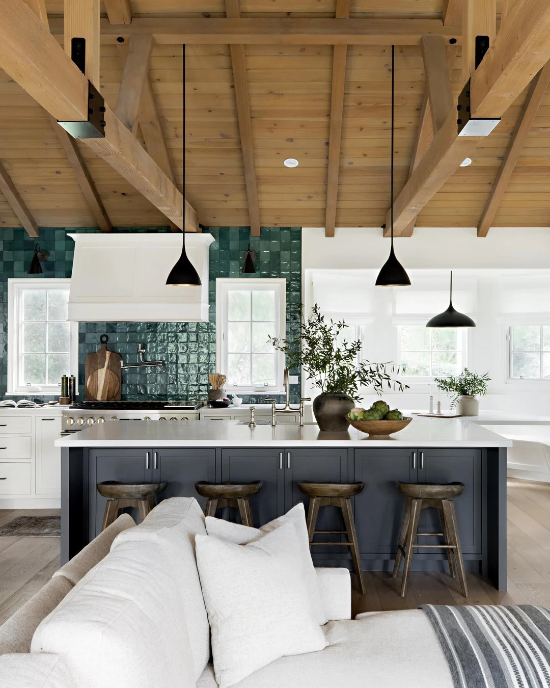 Zellige tile backsplash kitchen under a vaulted ceiling with exposed beams, Calabasas, San ...