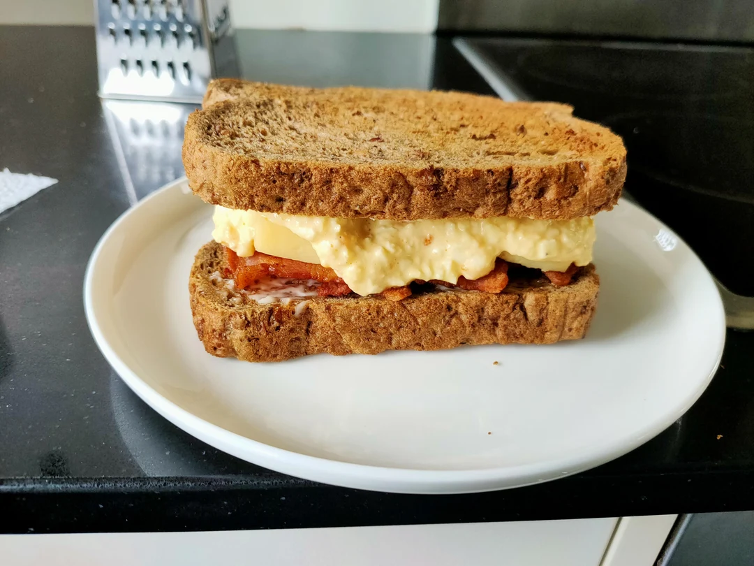 Japanese Egg Salad, Bacon and Gruyere on dark seeded rye | Scrolller