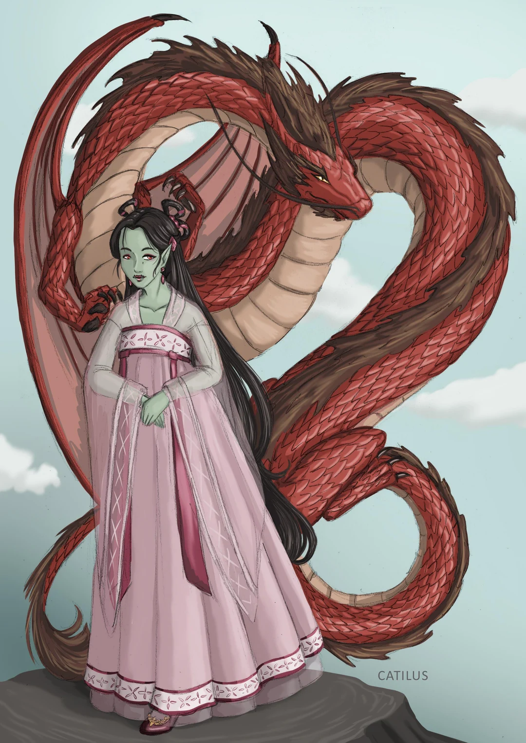[OC] [ART] Chun Heng, Red Dragon Cleric and Diplomat, in her Half-Orc and her Dragon Form – by ...