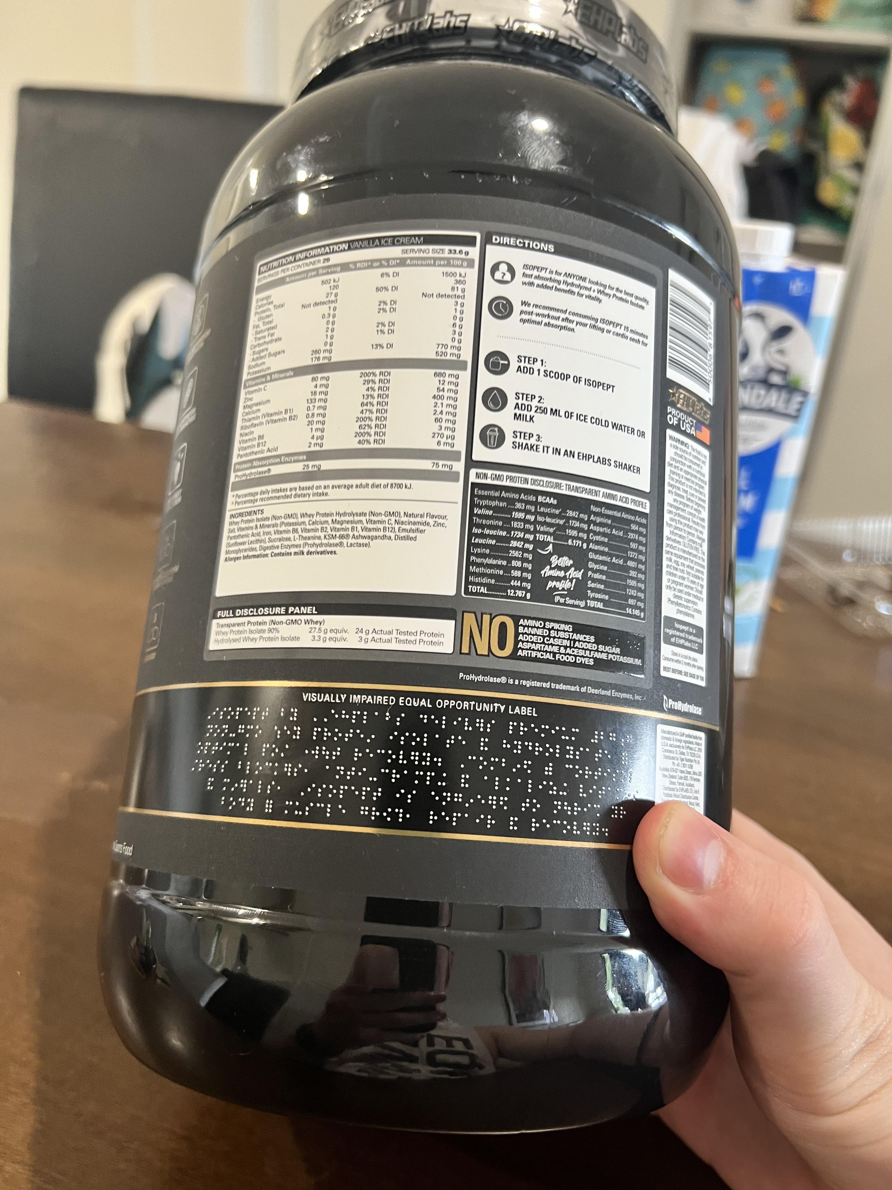 My protein powder has a section of the nutrition label printed in braille | Scrolller