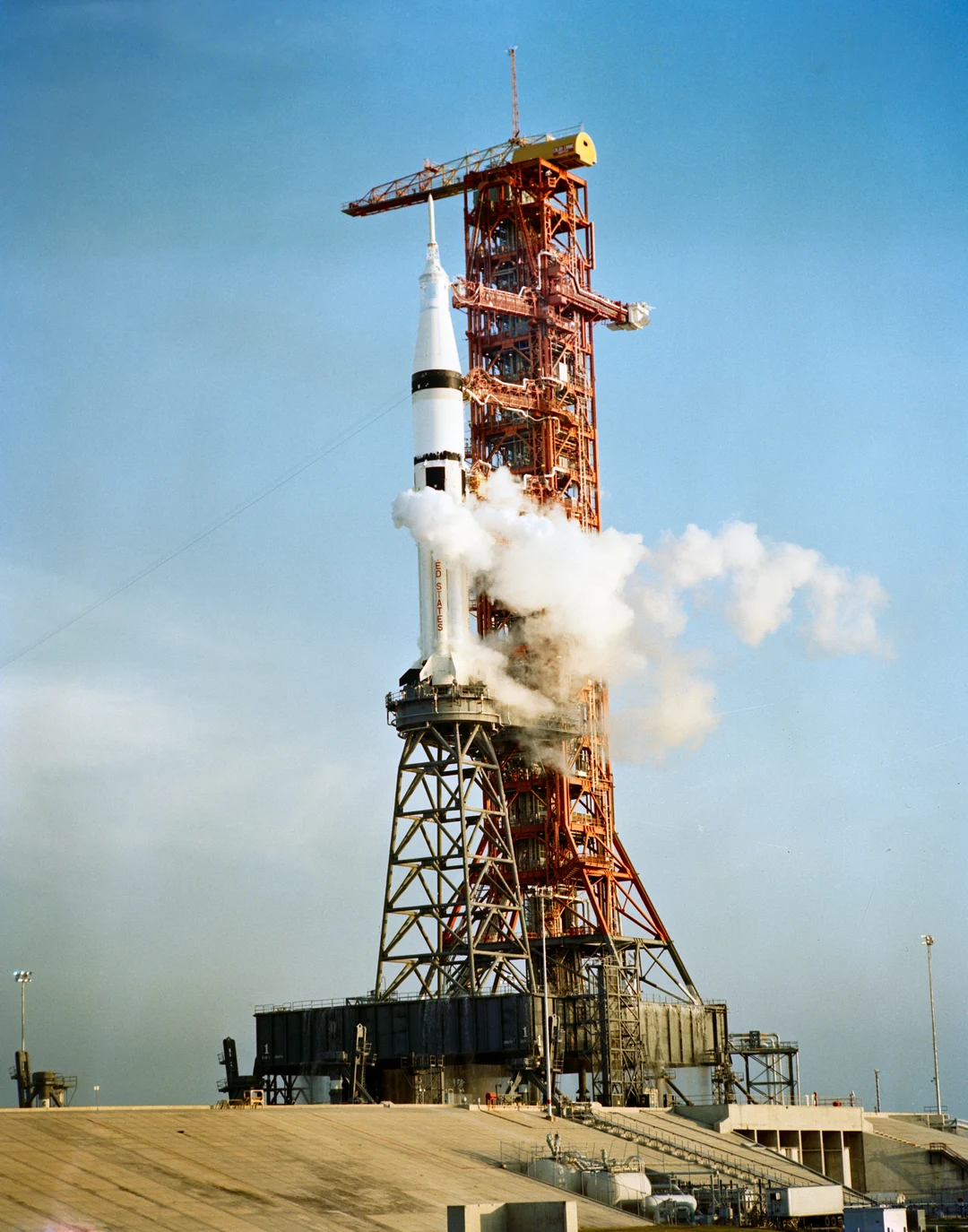 A Saturn 1B rocket on Pad B, Launch Complex 39, Kennedy Space Center, Florida during prelaunch ...