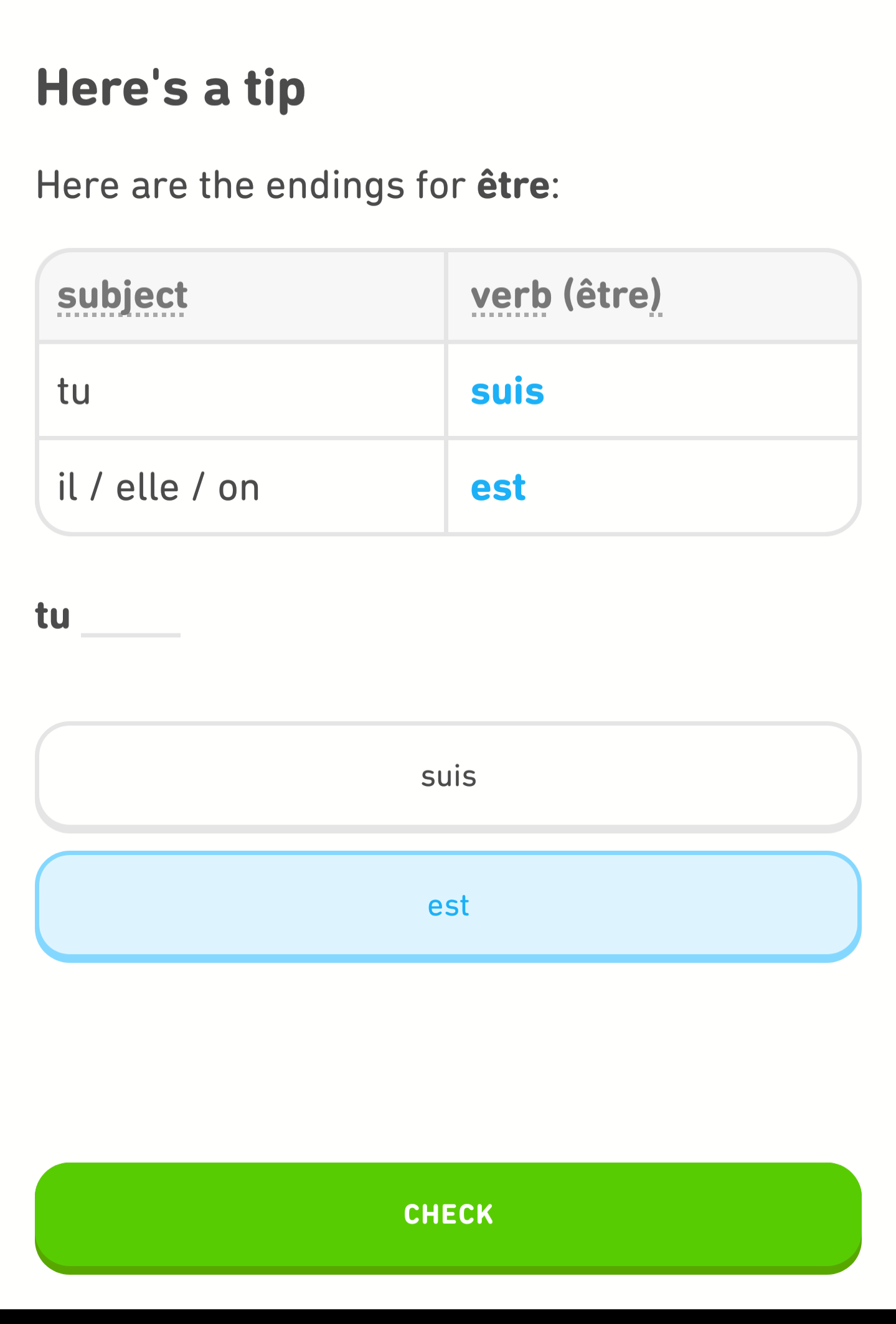 Got this nonsensical "Hint" from Duolingo after I answered "C'est moi qui est..." Instead of "C ...