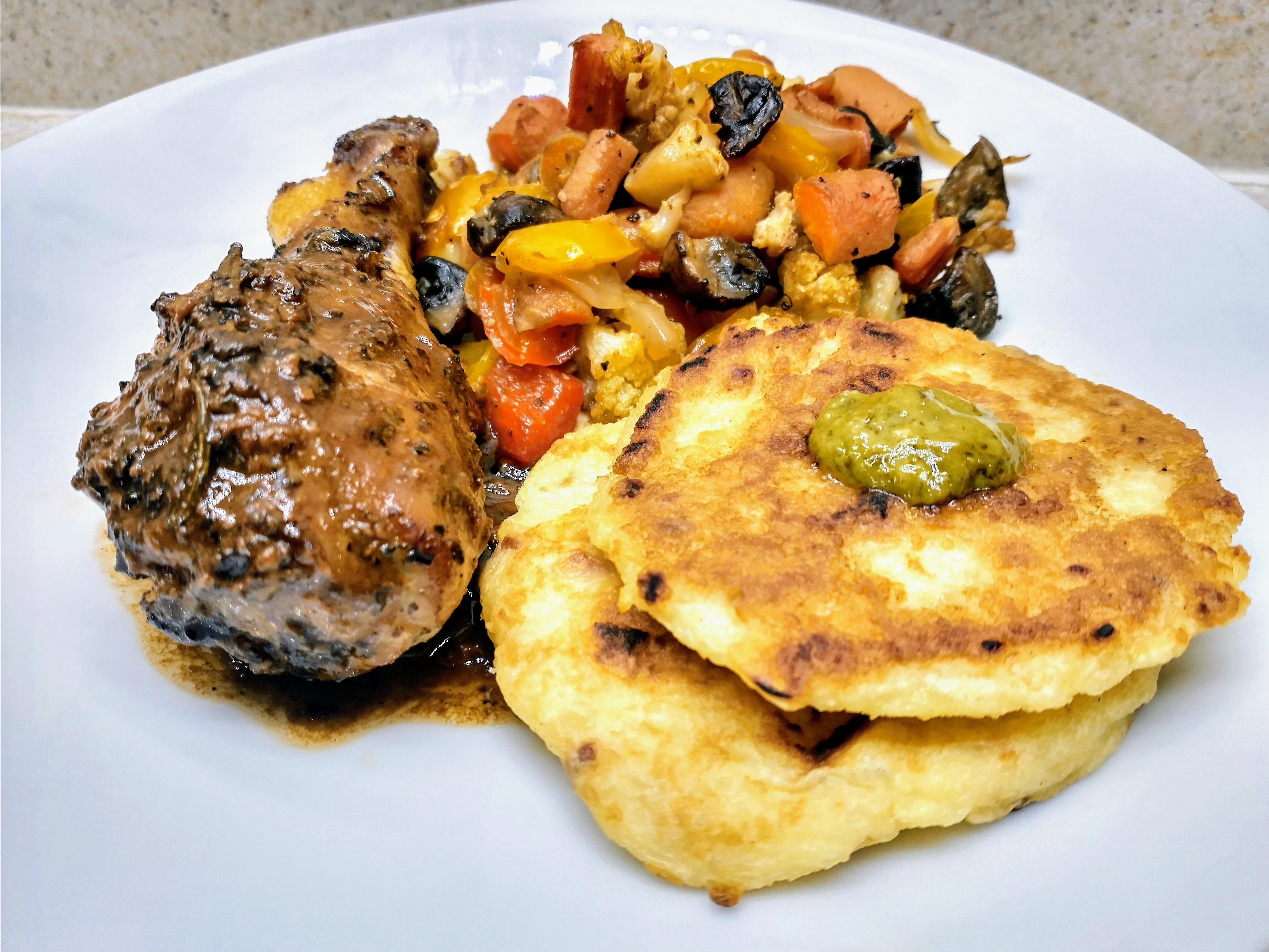 [homemade] Roasted Chicken Drumstick with Pan Gravy/Sauce. Roasted Vegetables (Cauliflower, Bell ...