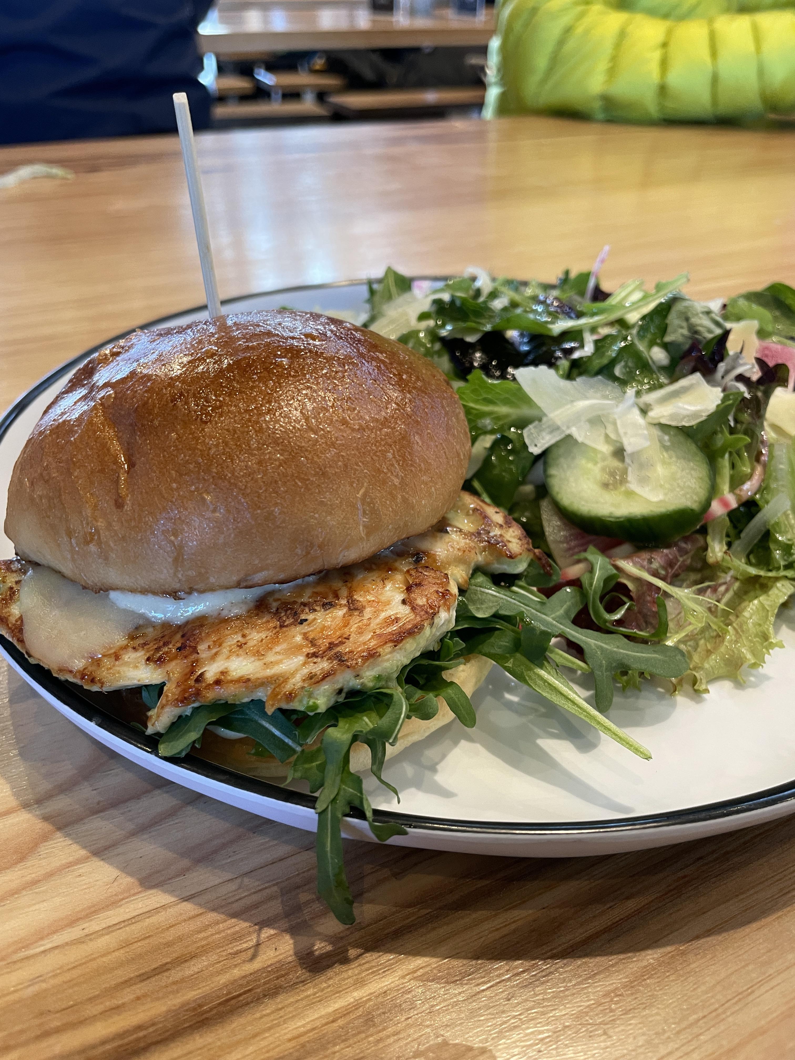 [i ate] A spicy chicken sandwich with green sriracha aioli, swiss and arugula on a brioche bun ...