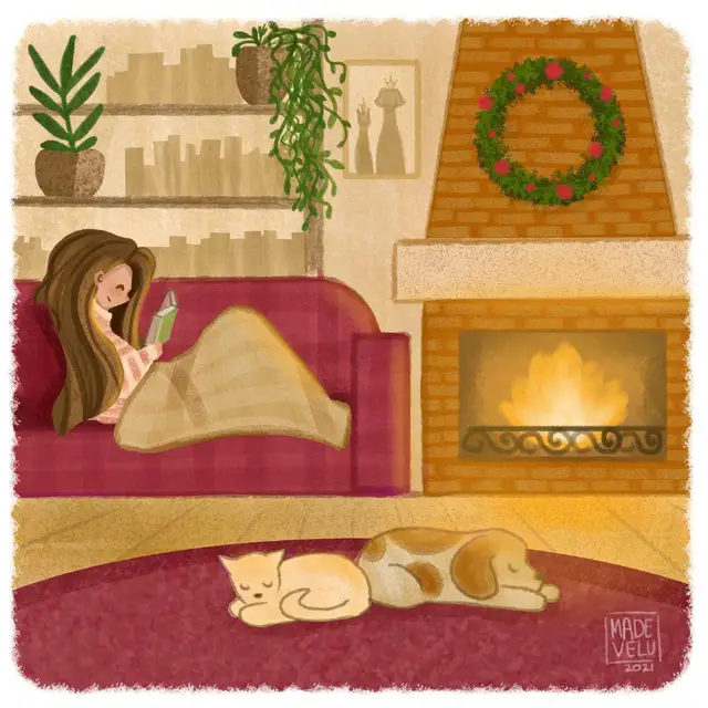 Cozy Reading by the Fireplace, Me, Digital, 2021 | Scrolller