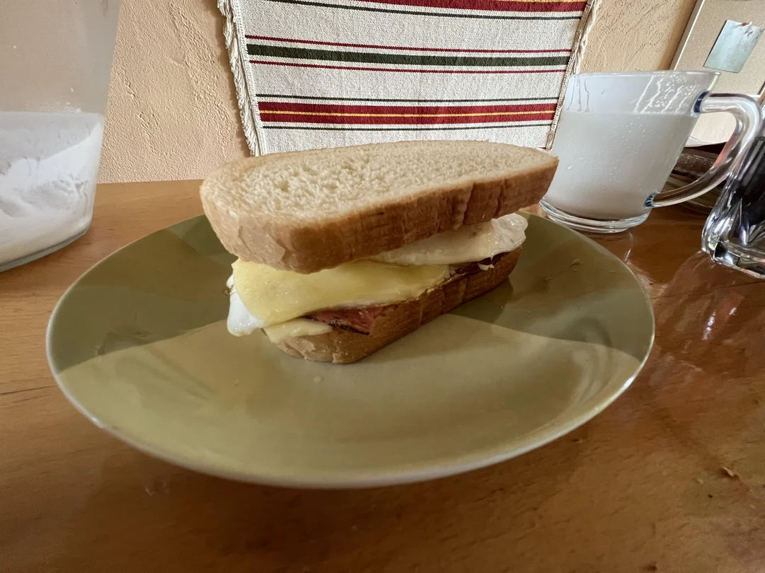Homemade sandwich. Fried eggs, salami, havarti cheese and mayo on bread from the local market ...