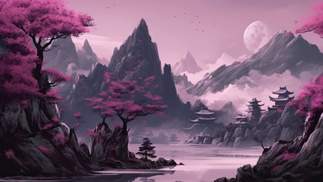 Purple Trees Mountains Japanese Painting [1920x1080] | Scrolller