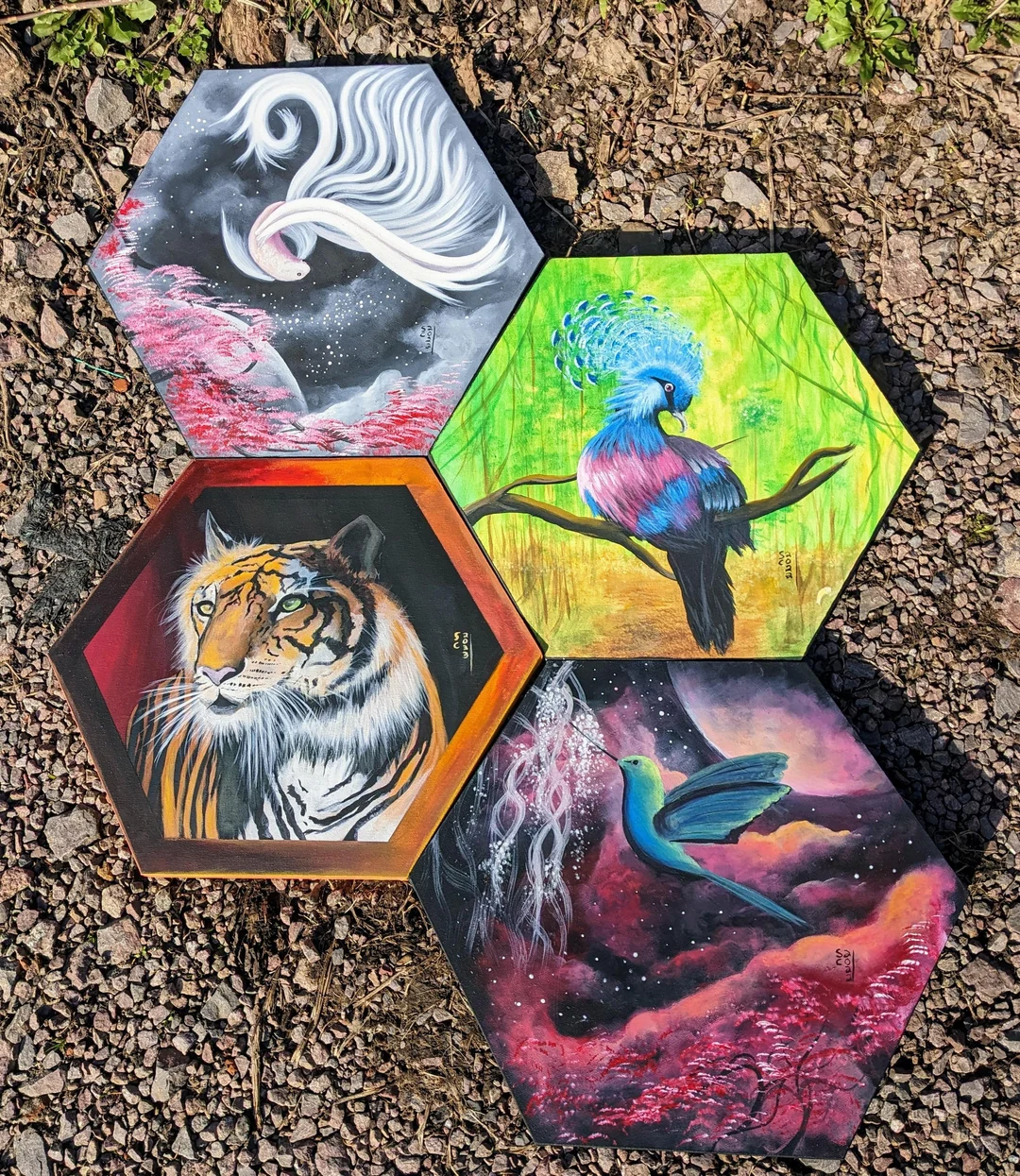 Hexagonal painting series, by me, acrylic on hexagonal canvas, 2023 | Scrolller