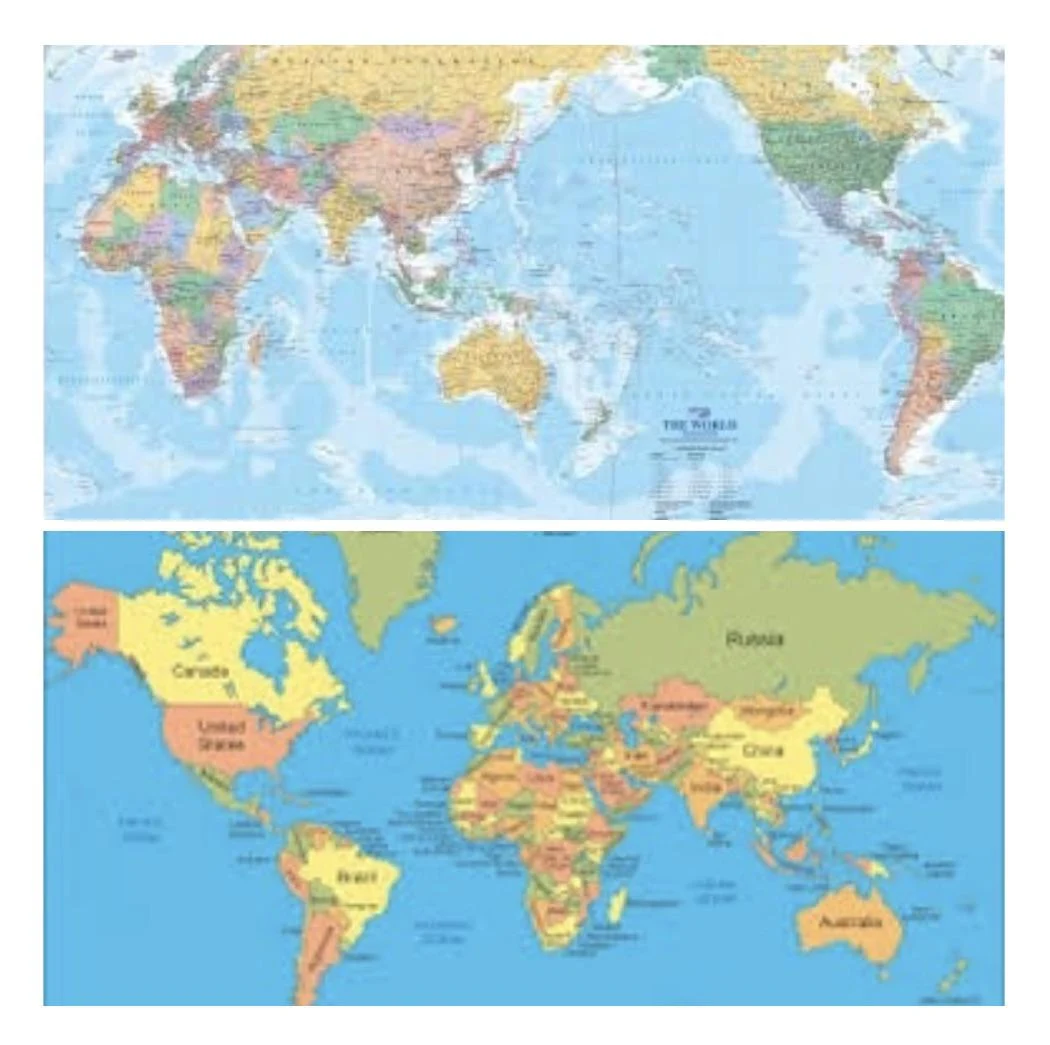 In Australia, do you see/use maps of the world like the one on the top or the one on the bottom ...