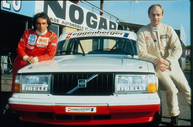 Racing drivers Gianfranco Brancatelli and Thomas Limdström with their Volvo 240 Turbo, 1985. The ...