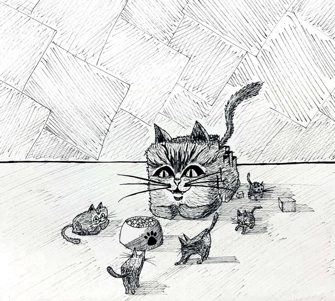 Cubical cat, me, fine liner, 2023 | Scrolller