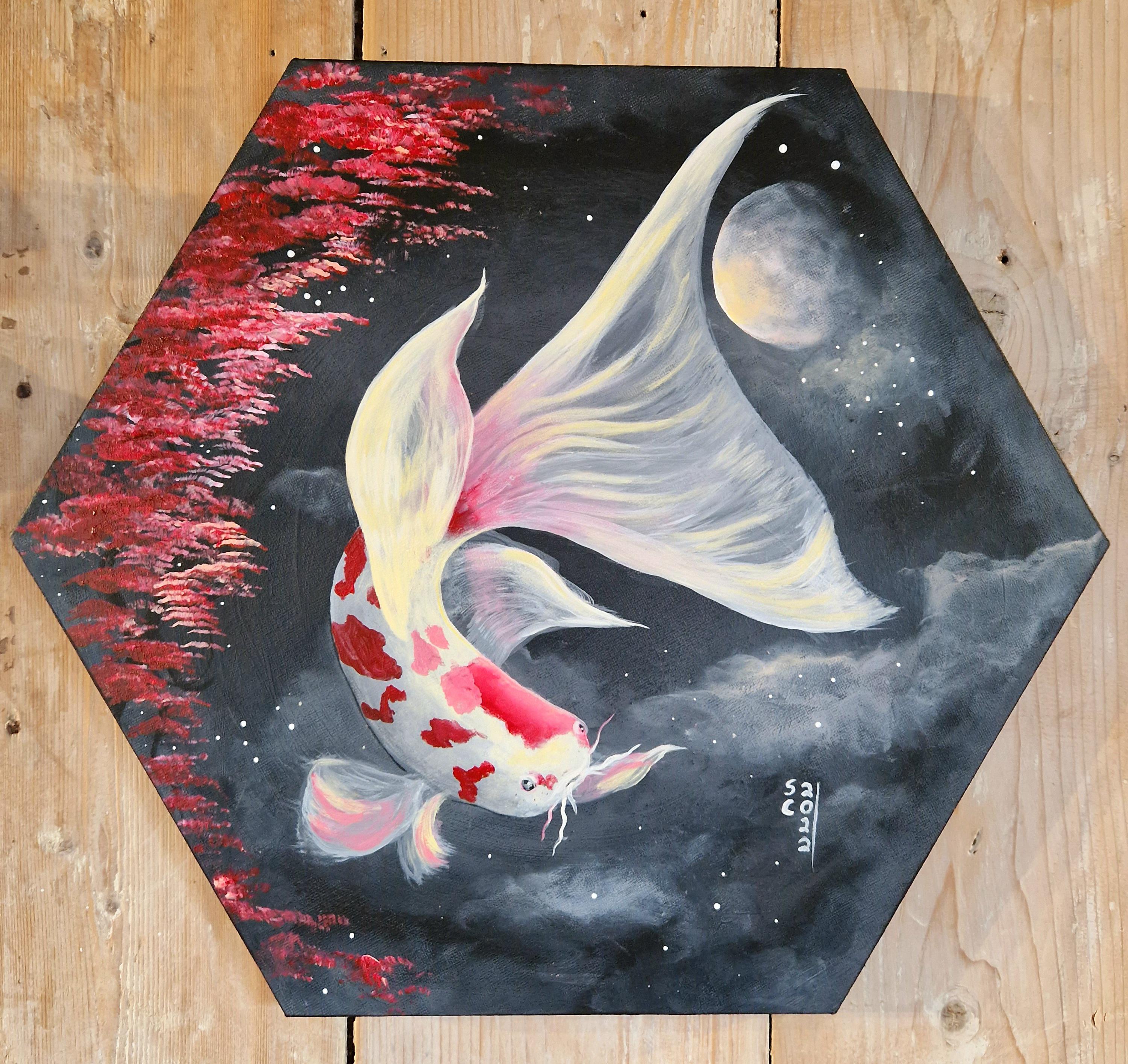 Koi Moon, by me, acrylic on hexagonal canvas, 2022 | Scrolller