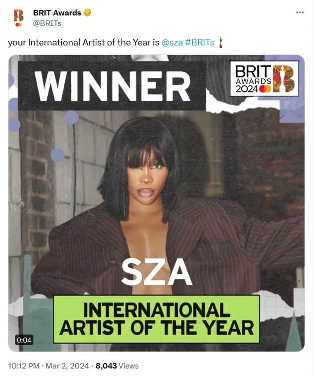 SZA won Internationalist Artist of the Year at the 2024 Brit Awards ...