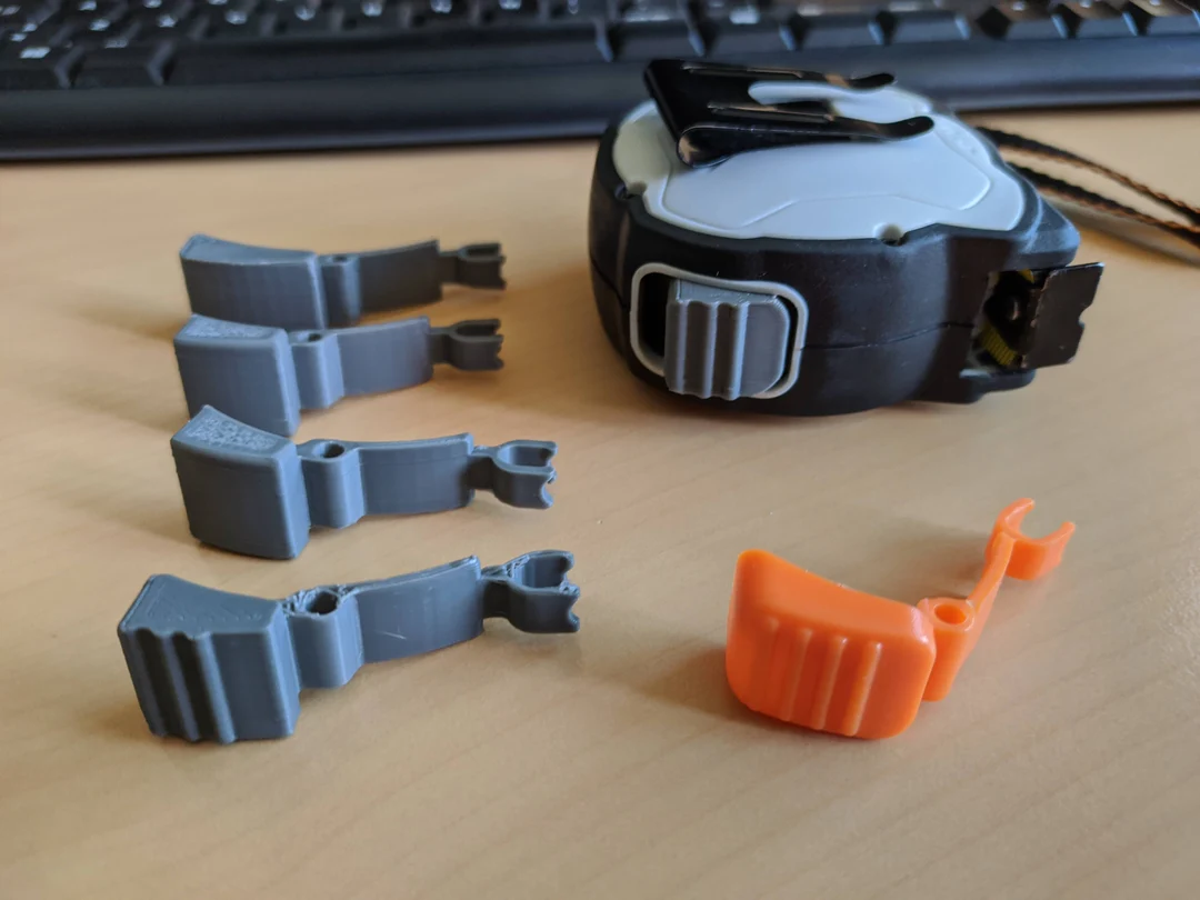 Replacement tape-measure stopper, after the original broke. All the prototypes made together ...