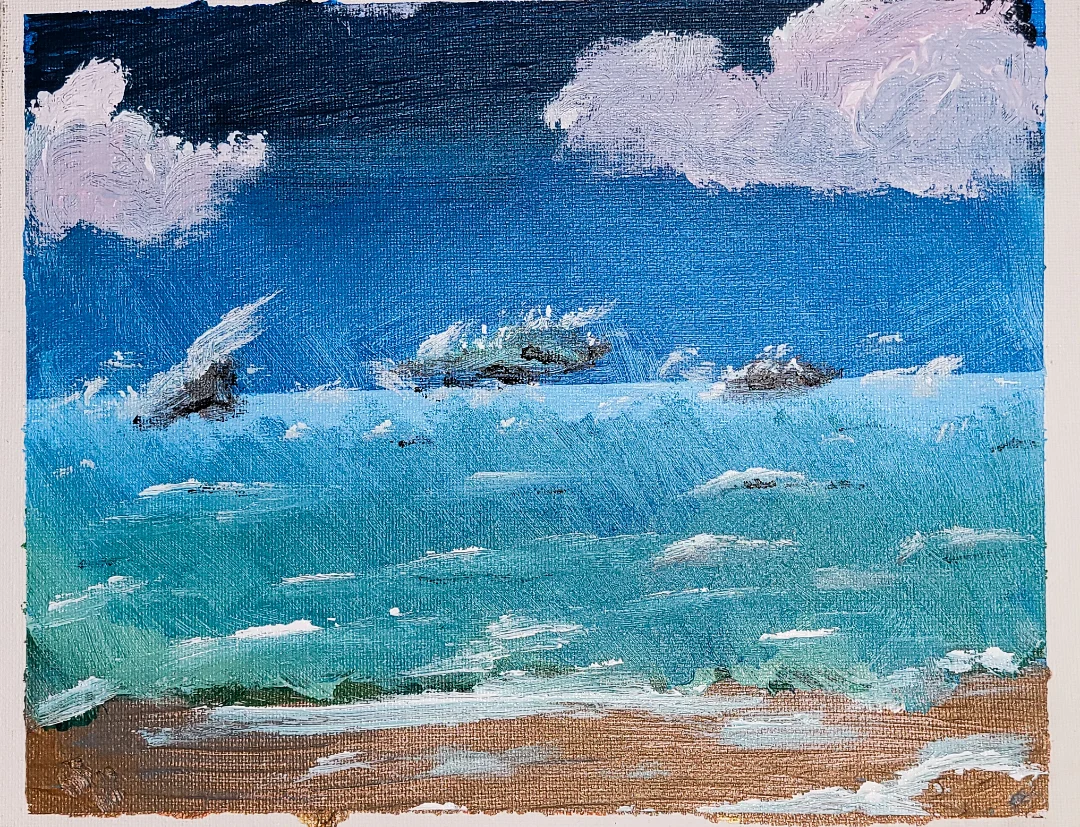 Calm seas, Bill Rhodes, acrylic on canvas board 8c10in 20x25cm, 2024 | Scrolller