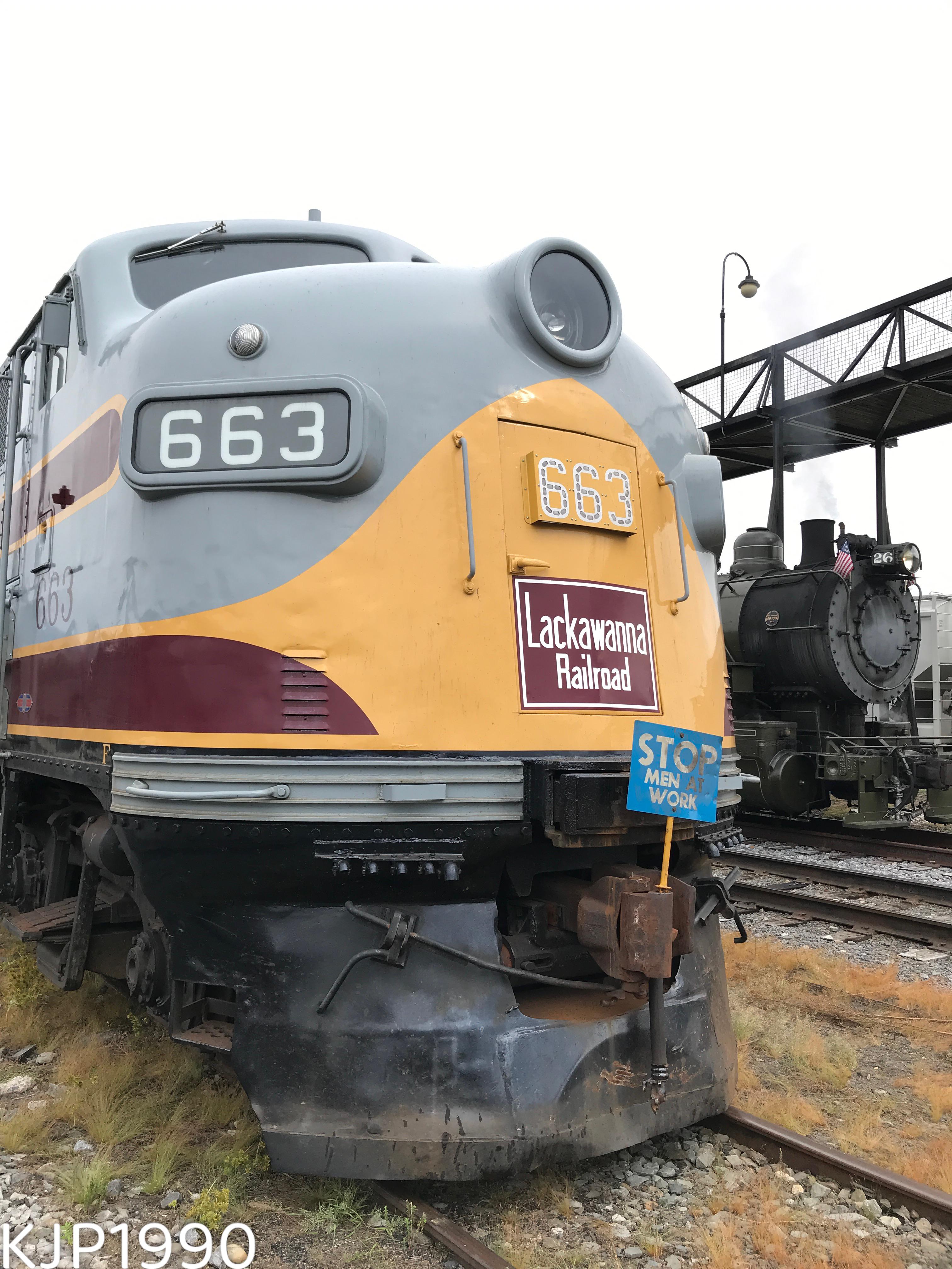 Baldwin Locomotive Works 26 passes Delaware Lackawanna and Western 663 in the Steamtown Yard in ...