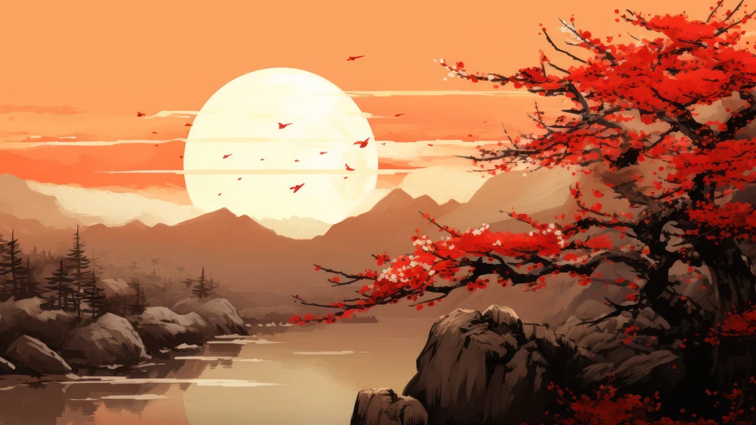 Japanese Painting Lake Scenery AI Generated [1920x1080] | Scrolller