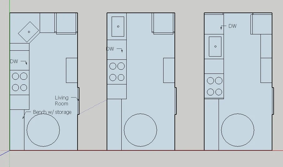 Small kitchen layout help needed: sink needs to stay in the top/left area, 6'11" wide, window on ...