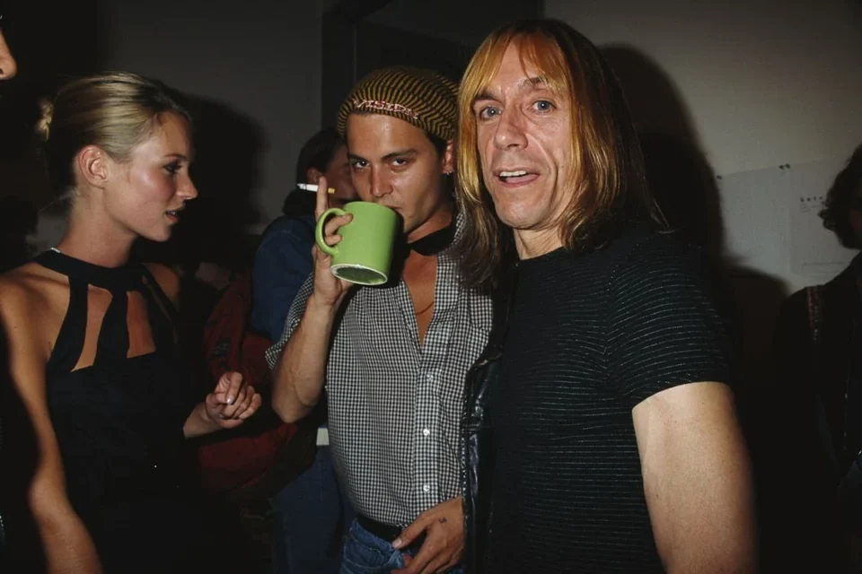 Iggy Pop with Kate Moss & Johnny Depp at the 'Kate: The Kate Moss Book' launch party, 1995 ...