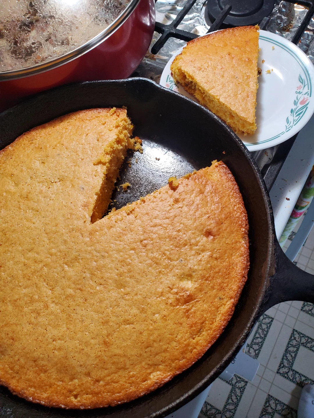 corn bread in my skillet. comes out perfect just don't be shy about how much you butter the pan ...