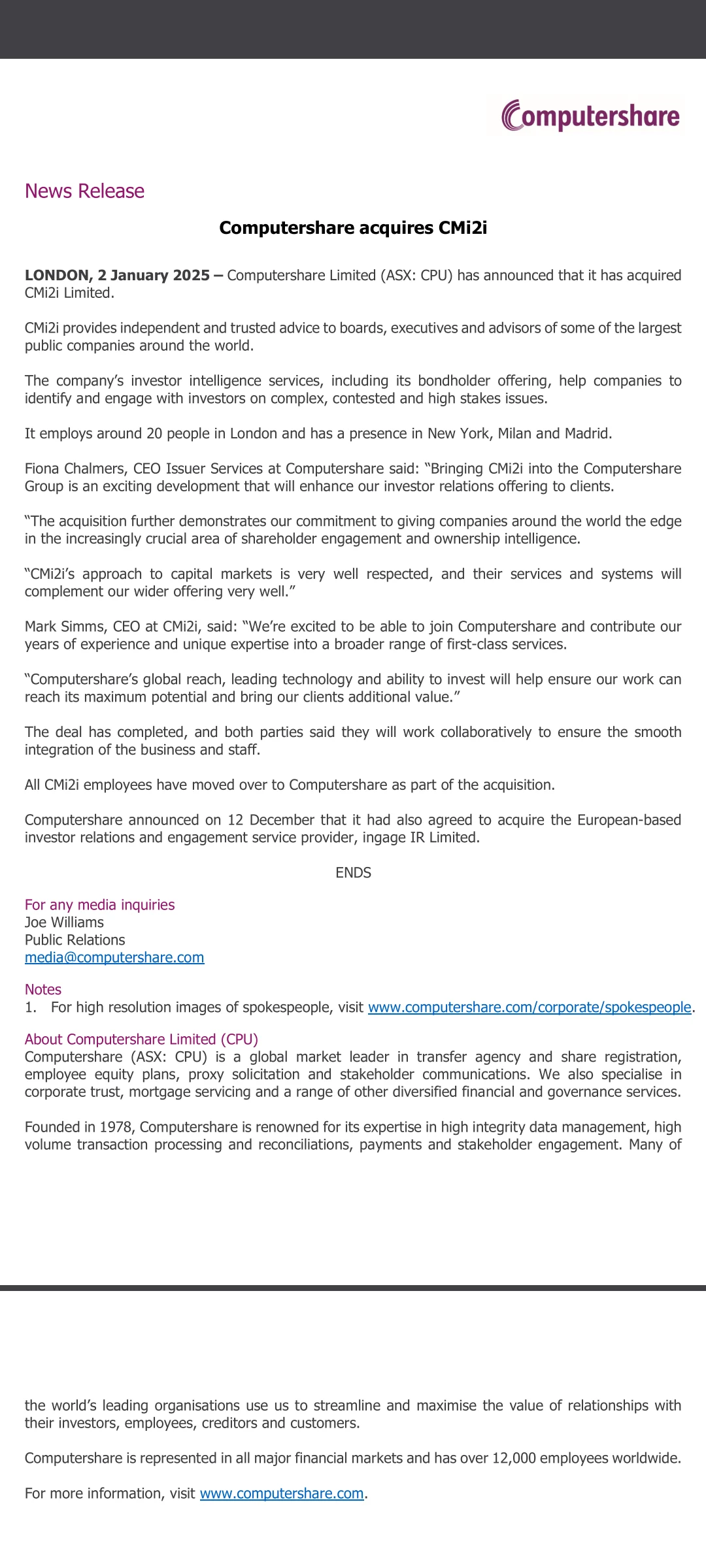 Computershare acquires CMi2i (official statement) | Scrolller