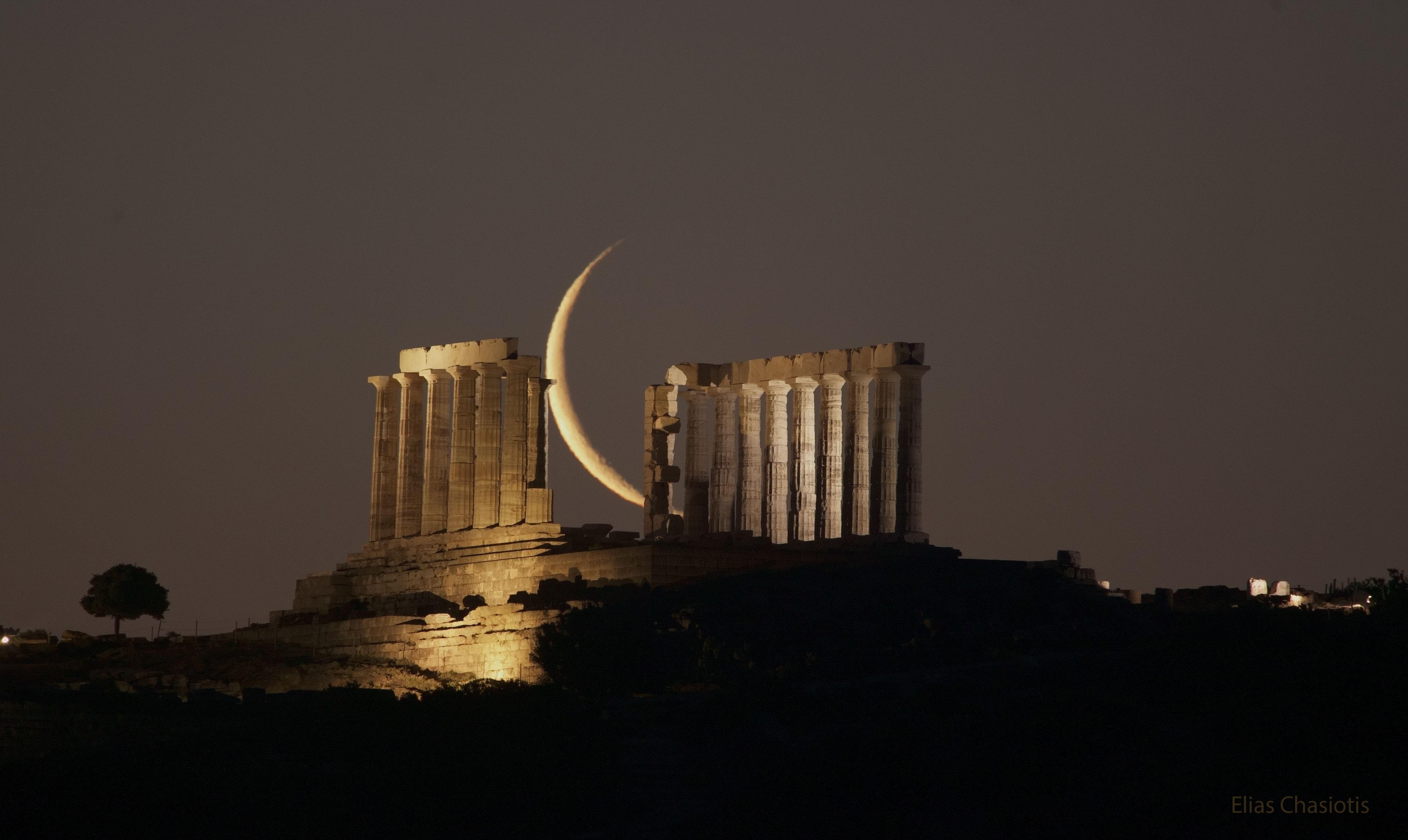 Crescent Moon Beyond Temple of Poseidon | Scrolller