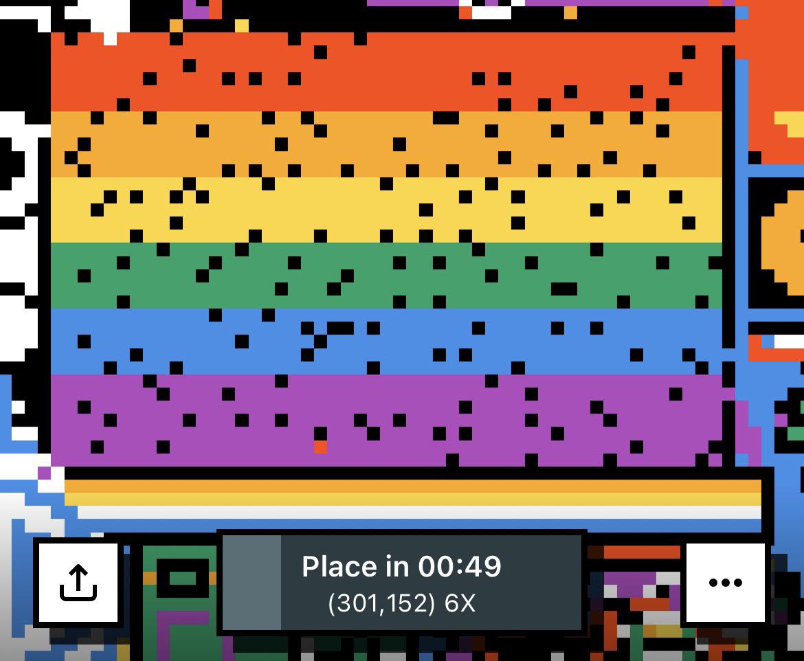 People keep spamming black pixels on the pride flag in r/place with alts so lets fight back ...