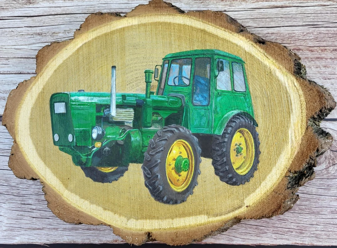 Tractor, by AndeeArt Illustration, acrylic on wood slice, 2023 | Scrolller