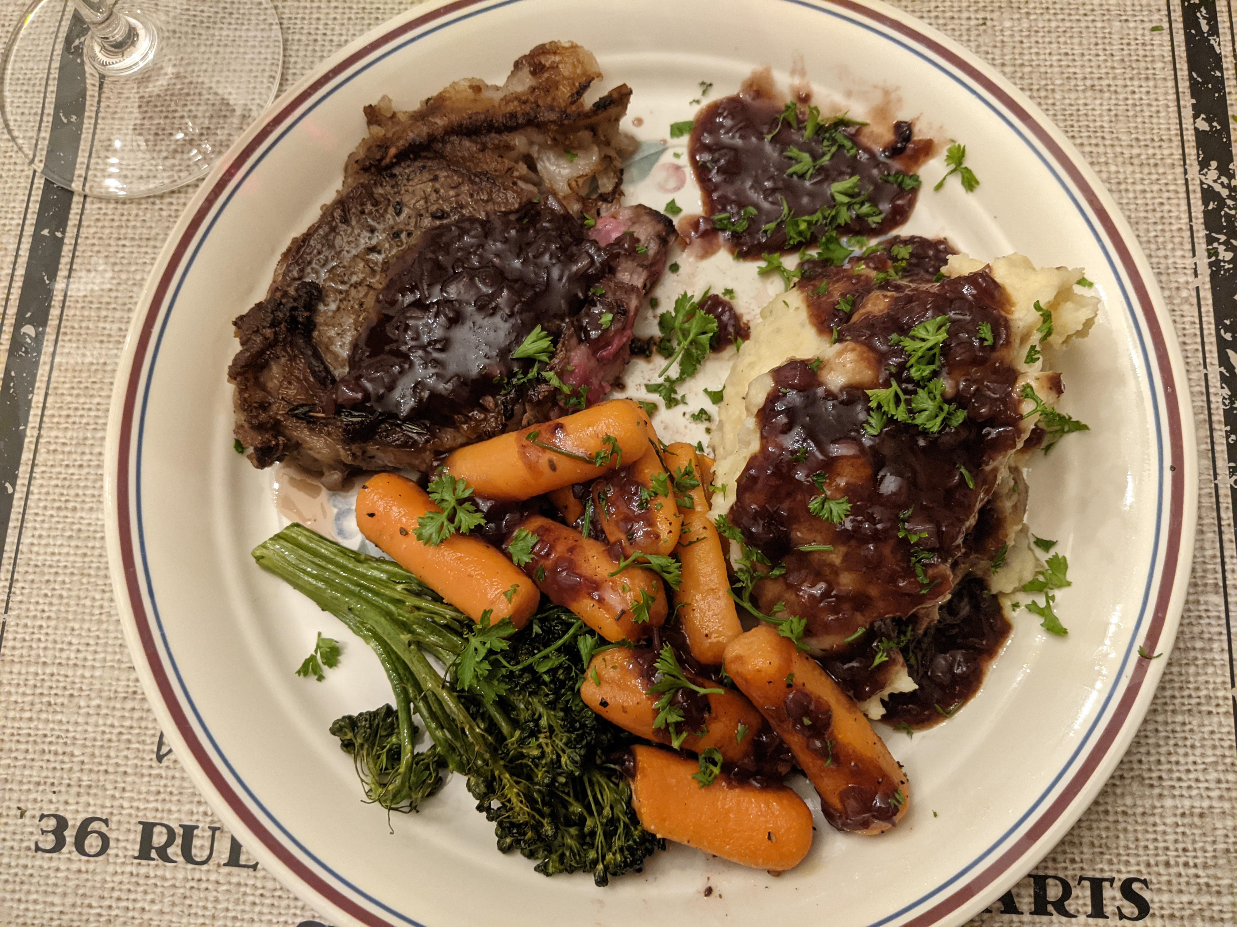 [homemade] ribeye with roasted vegetables, mashed potatoes and red wine gravy | Scrolller