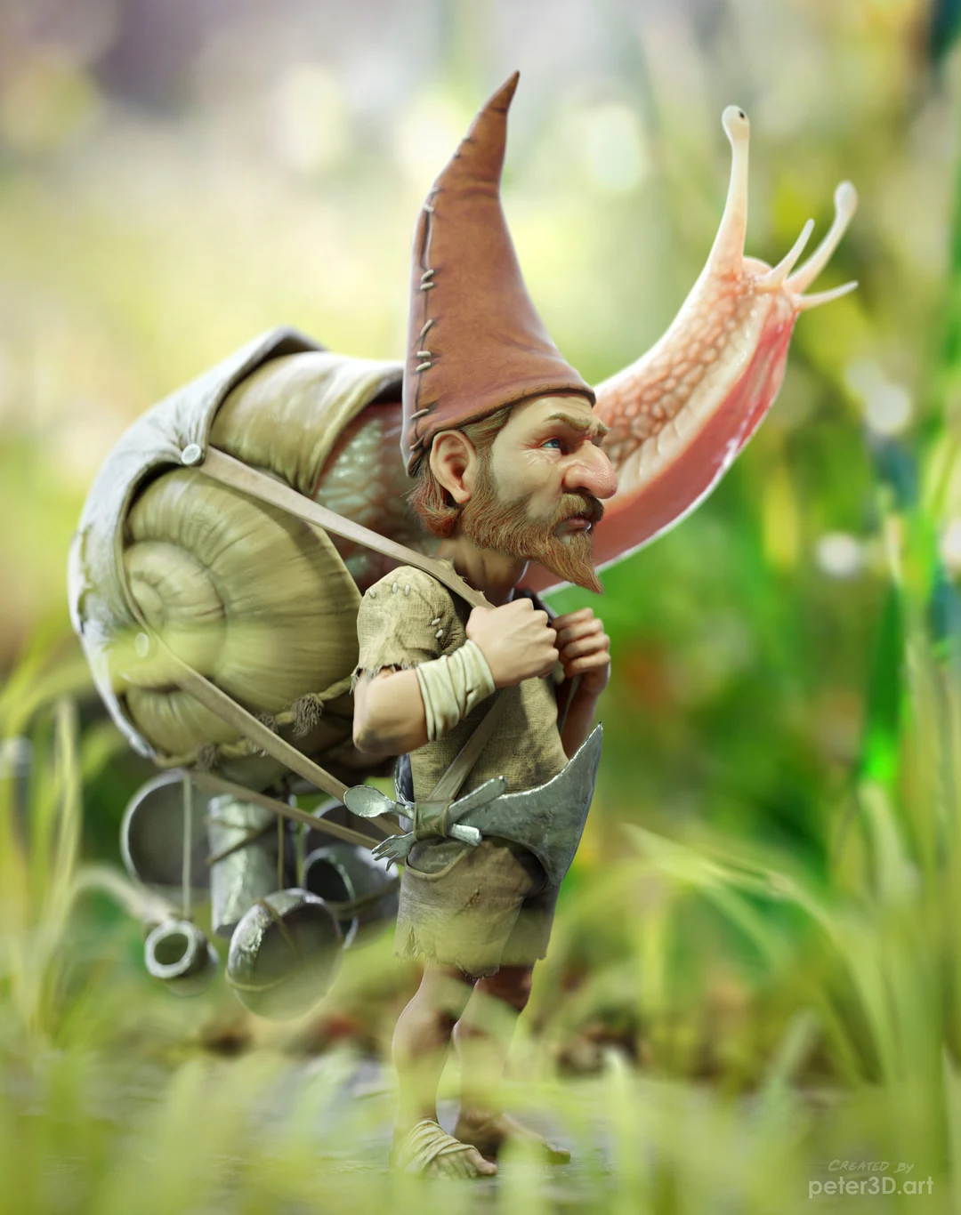 Gnome with his pet Snail by Piotr Majkutewicz | Scrolller