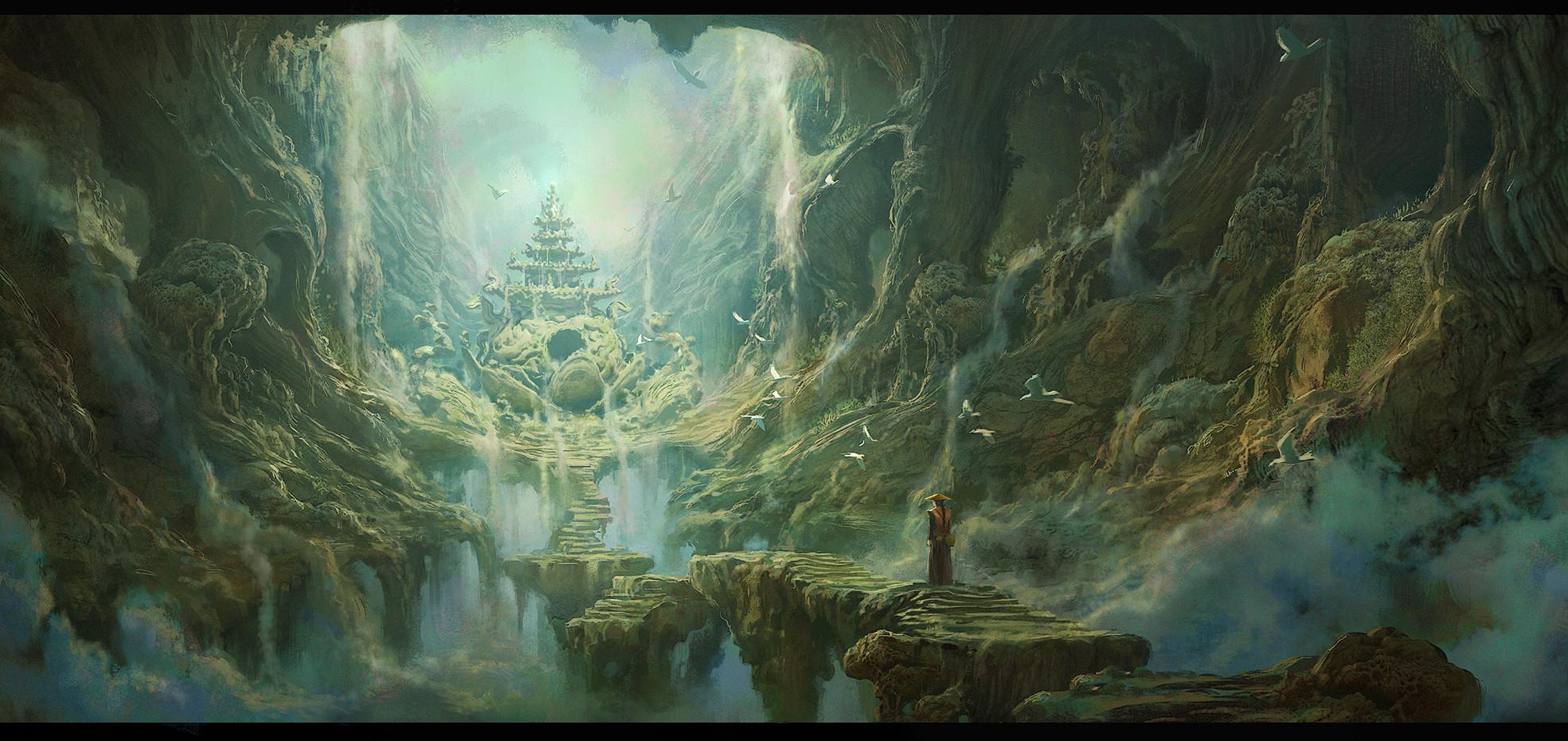 Cloud cave and small ruined temple by artist yangyang sui | Scrolller