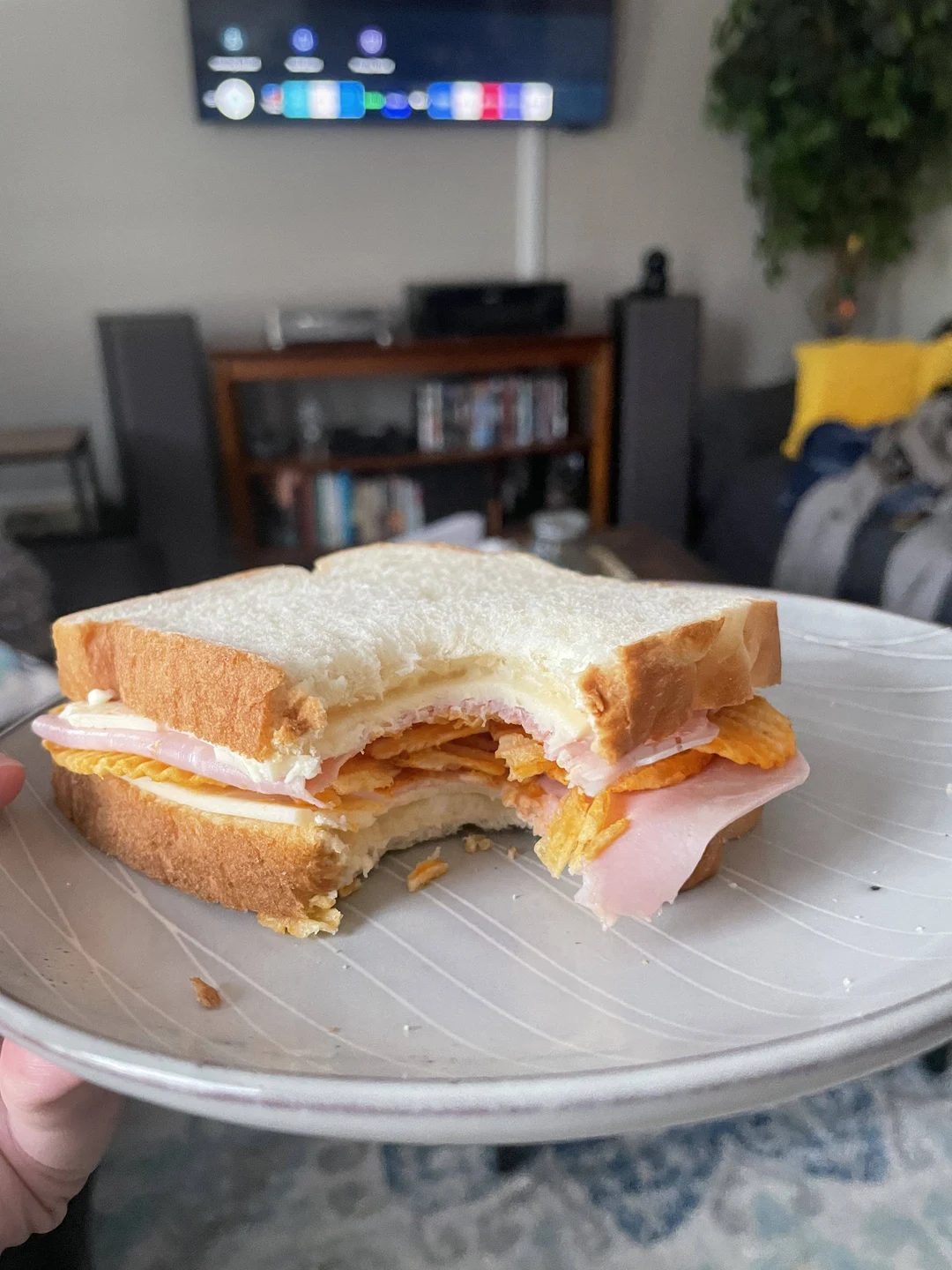 Nostalgia sandwich: soft white bread, mayo, ham, cheese, and cheddar sour cream ruffles | Scrolller